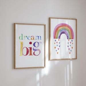 Dream Big Rainbow Nursery Bedroom Sign, Set of 2 Prints, Nursery Wall ...