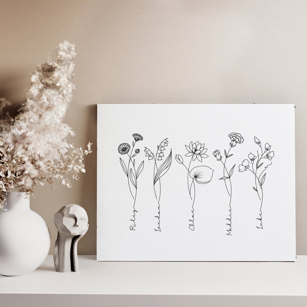 Canvas Wrapped, B&W Line Art Birth Flowers, Gift for Mom, Grandma's ...
