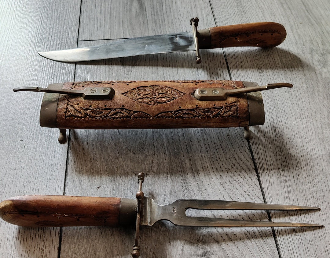 Antique Indian Carving Set: Ornate Hardwood & Brass Case - Etsy
