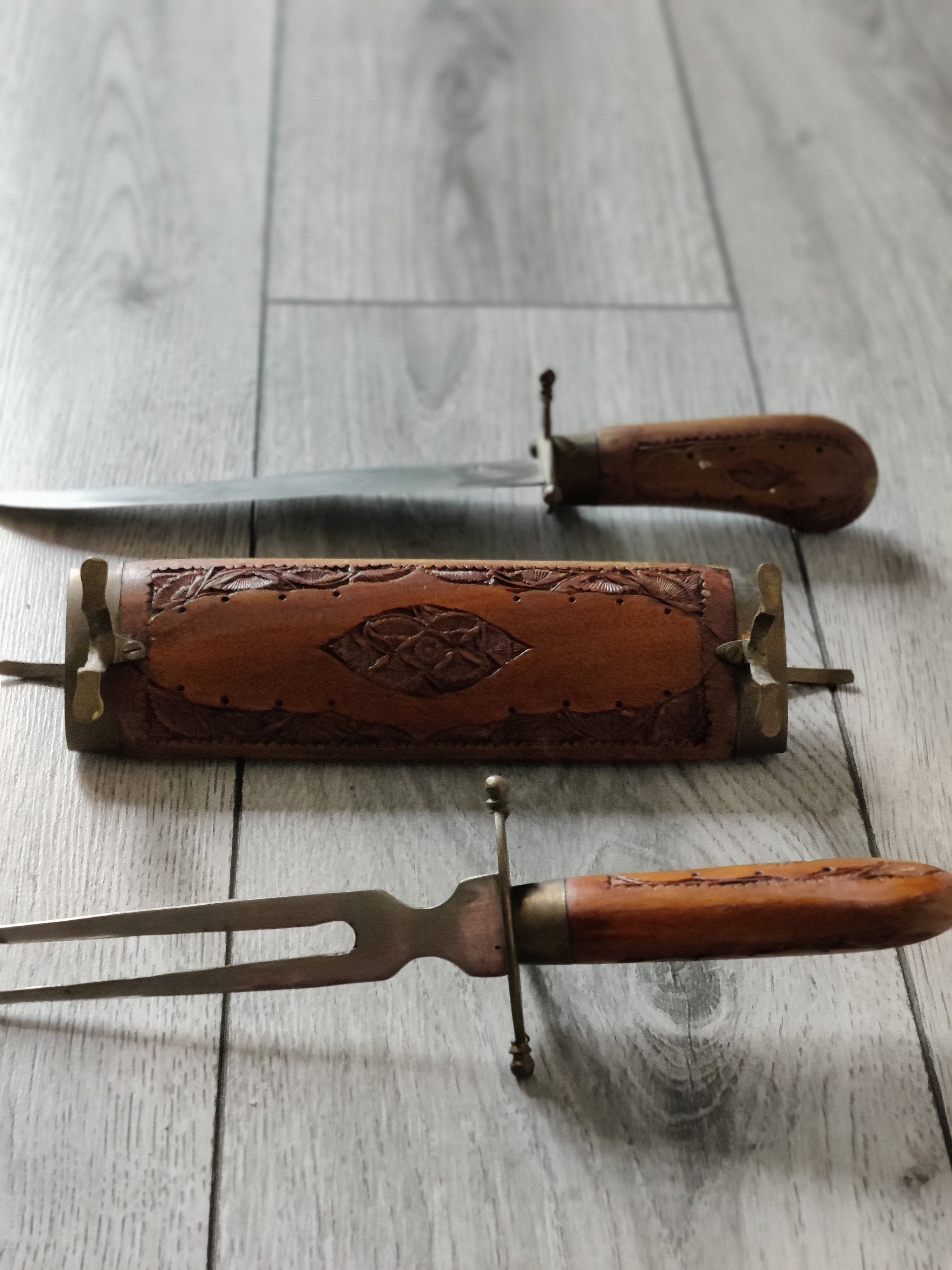 Antique Indian Carving Set: Ornate Hardwood & Brass Case - Etsy