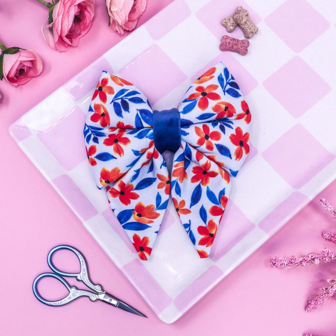 Blue Floral Dog Sailor Bow Ties, Cute Puppy Dog Bows, Slide on Dog Bows ...