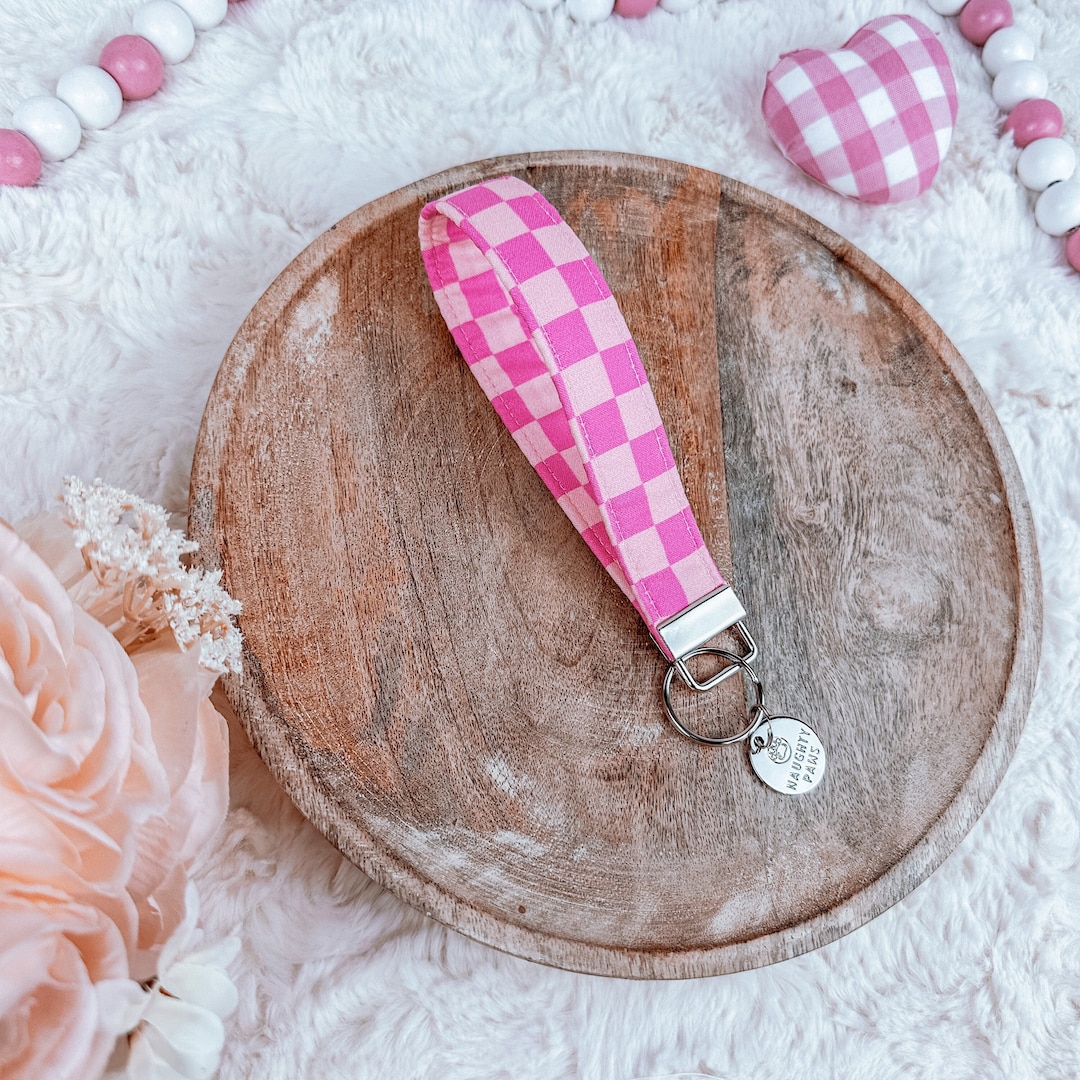 Pink Checkered Keychain, Fabric and Webbing Key Fob, Pink Wristlet, Key ...