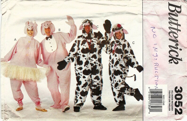 Butterick 3052 1993 Cow and Pig Mascot Outfits Unisex Sizes XS S M ...