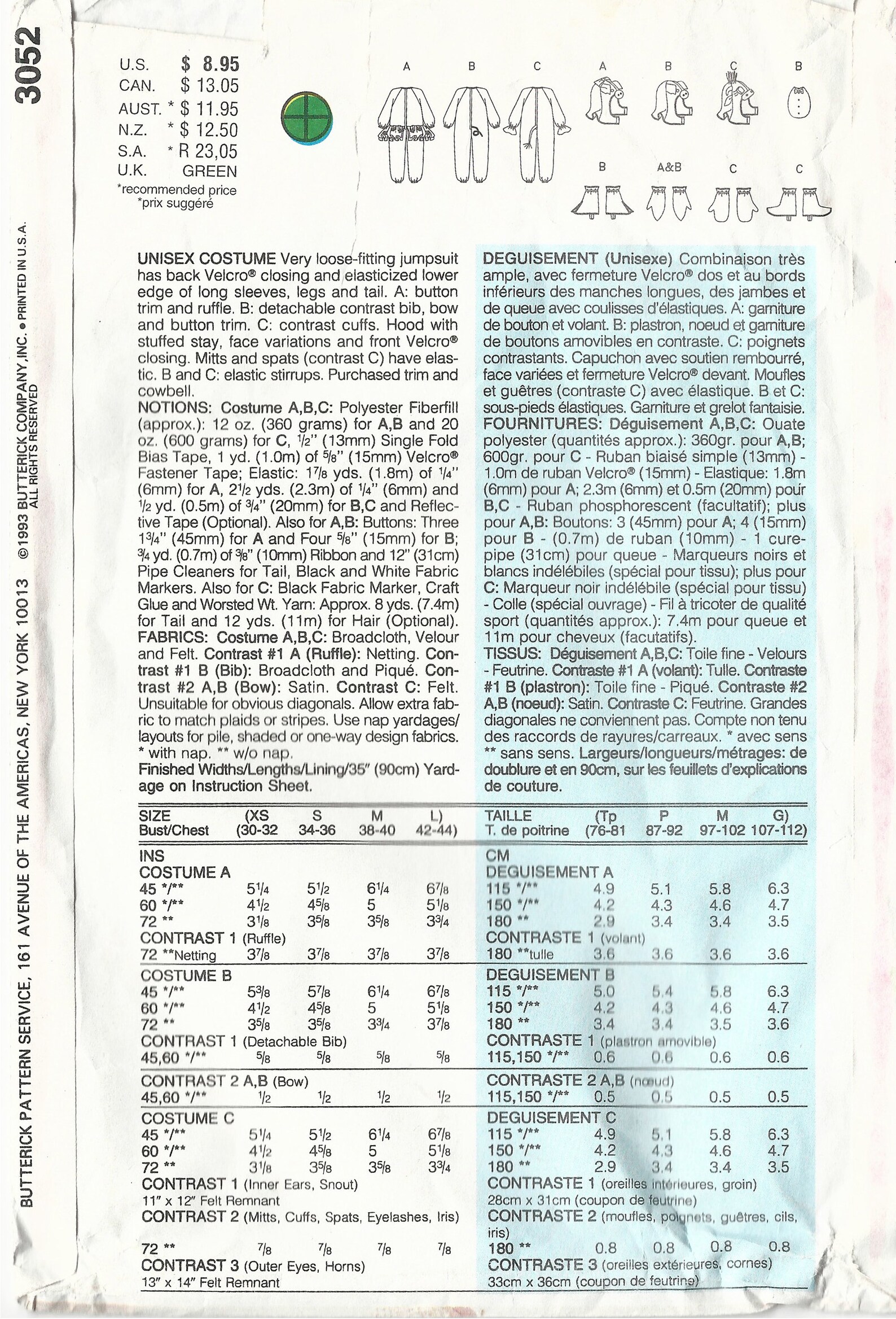 Butterick 3052 1993 Cow and Pig Mascot Outfits Unisex Sizes XS S M ...