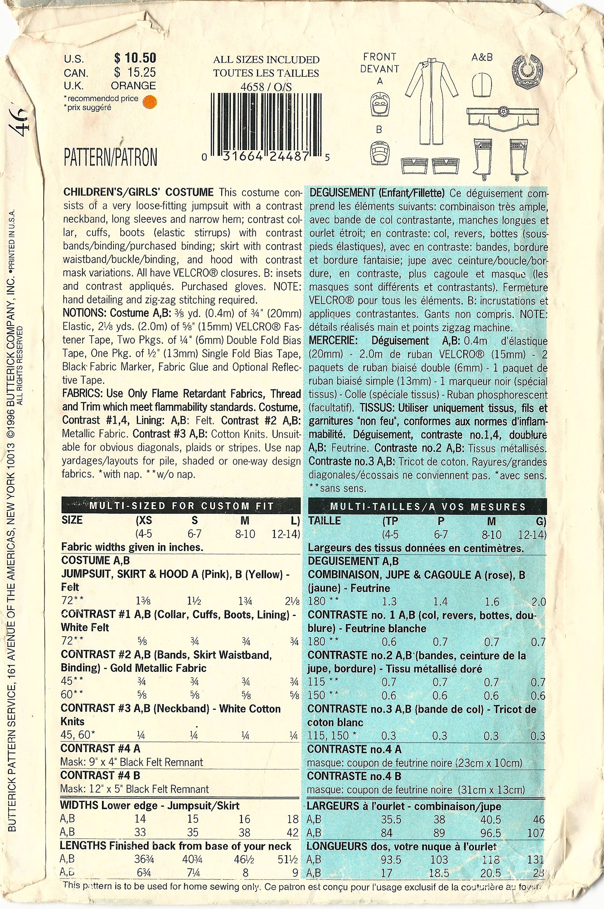 Butterick 4658 1996 Girl's Power Rangers Outfits Sizes XS S M L Vintage ...