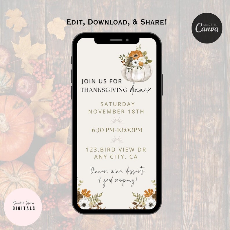 Thanksgiving Party Digital Invitation | Thanksgiving Dinner Invite ...