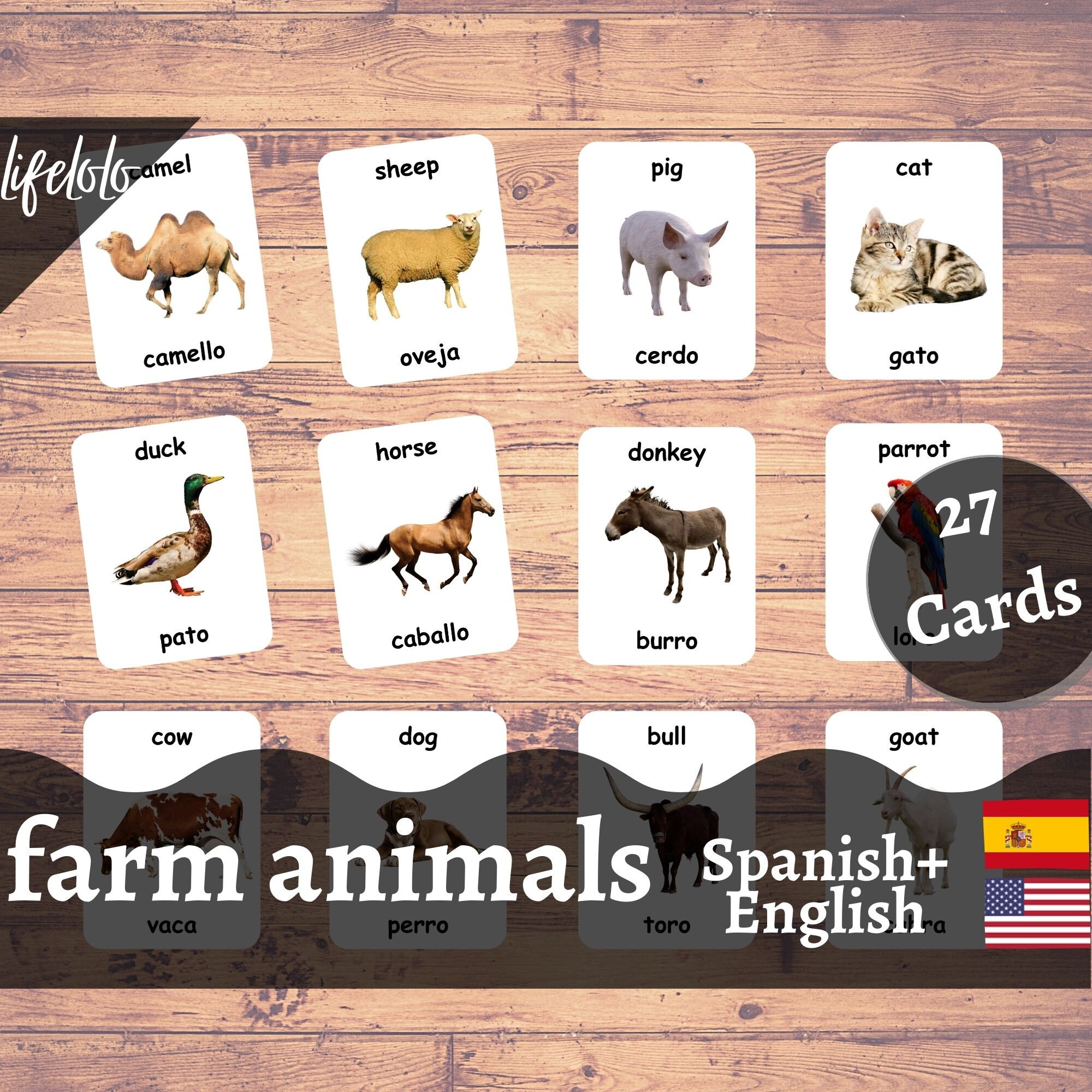 Farm Animals SPANISH English Bilingual Cards 27 Spanish - Etsy UK