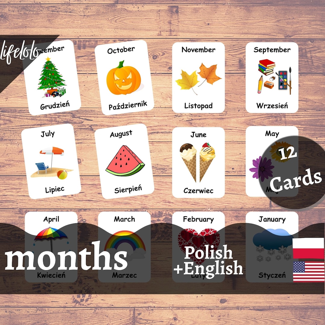 Months of the Year POLISH Flash Cards, 12 Bilingual Cards, Montessori ...
