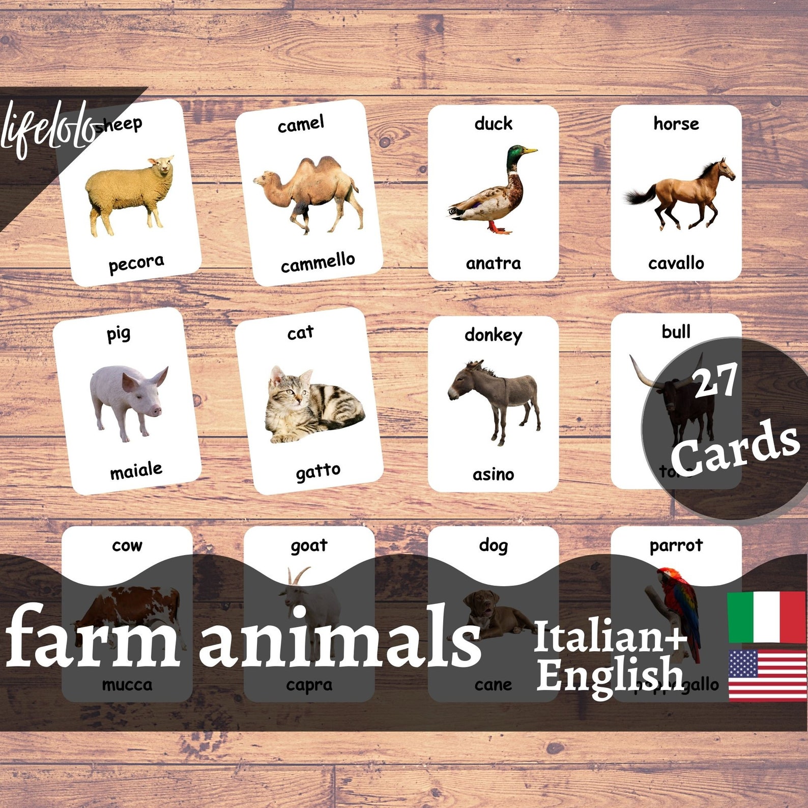 Farm Animals ITALIAN English Bilingual Cards 27 Italian - Etsy