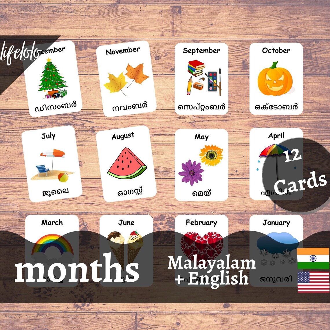 Months of the Year MALAYALAM Flash Cards 12 Bilingual Cards | Etsy
