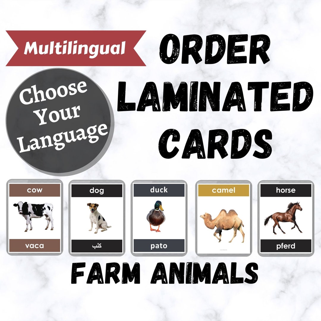 Printed Laminated Cards Farm Animals real Images Bilingual Flash Cards ...