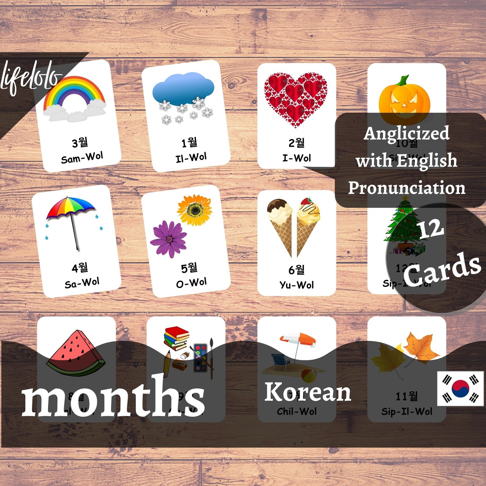 Months of the Year KOREAN Flash Cards 12 Bilingual Cards | Etsy