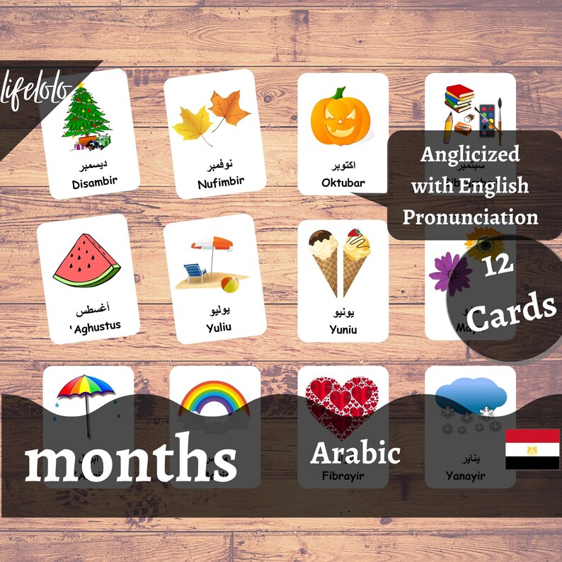 Months of the Year ARABIC Flash Cards, 12 Bilingual Cards, Montessori ...