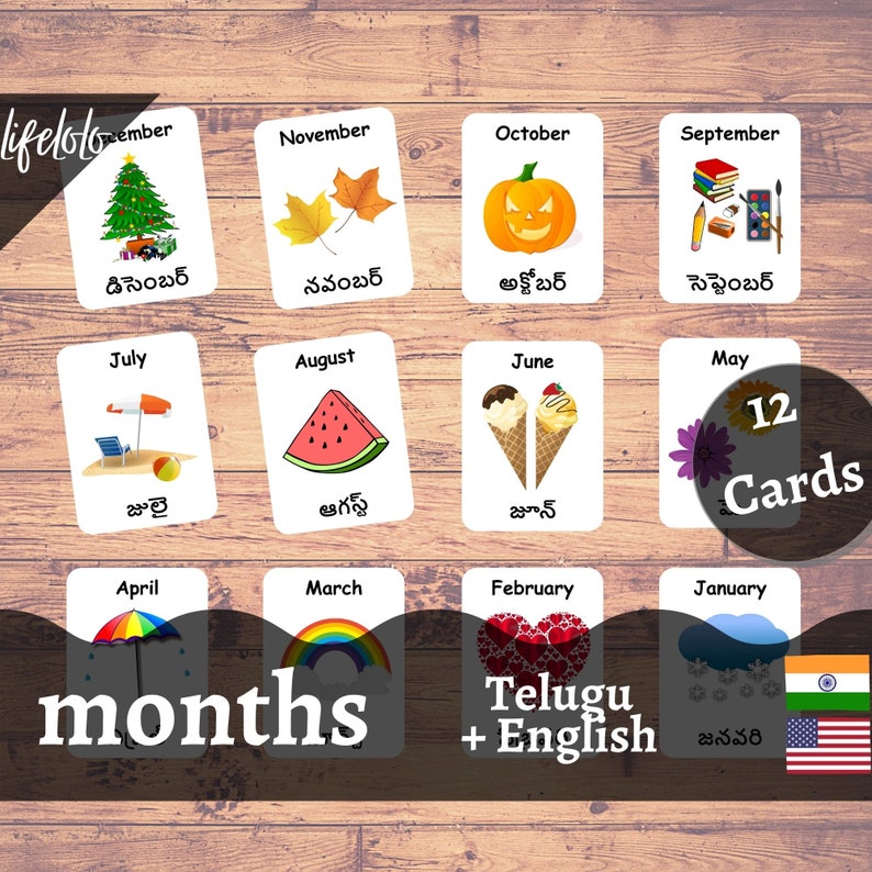 Months of the Year TELUGU Flash Cards 12 Bilingual Cards | Etsy