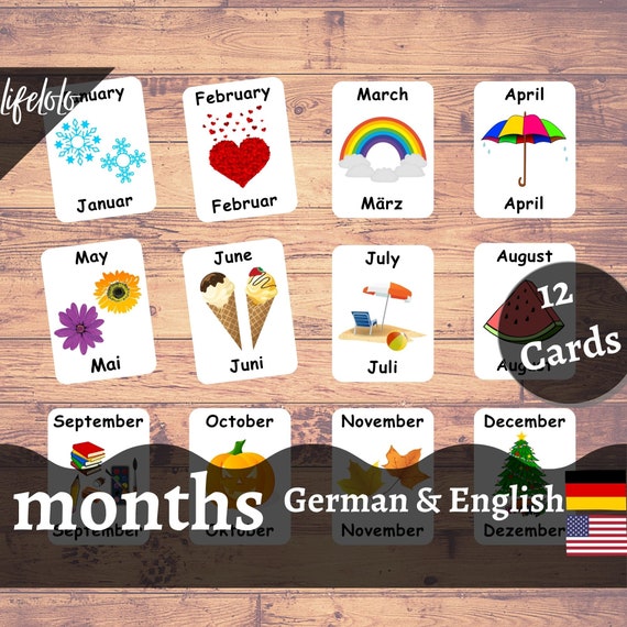 Months of the Year GERMAN Flash cards 12 Bilingual Cards | Etsy
