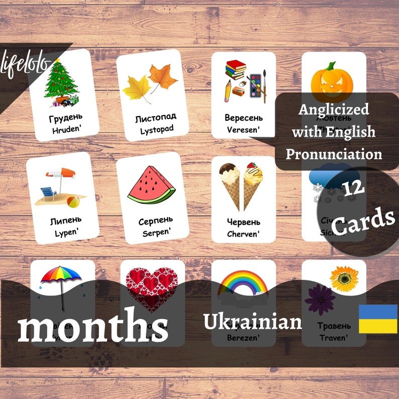 Months of the Year UKRAINIAN Flash Cards 12 Bilingual Cards - Etsy