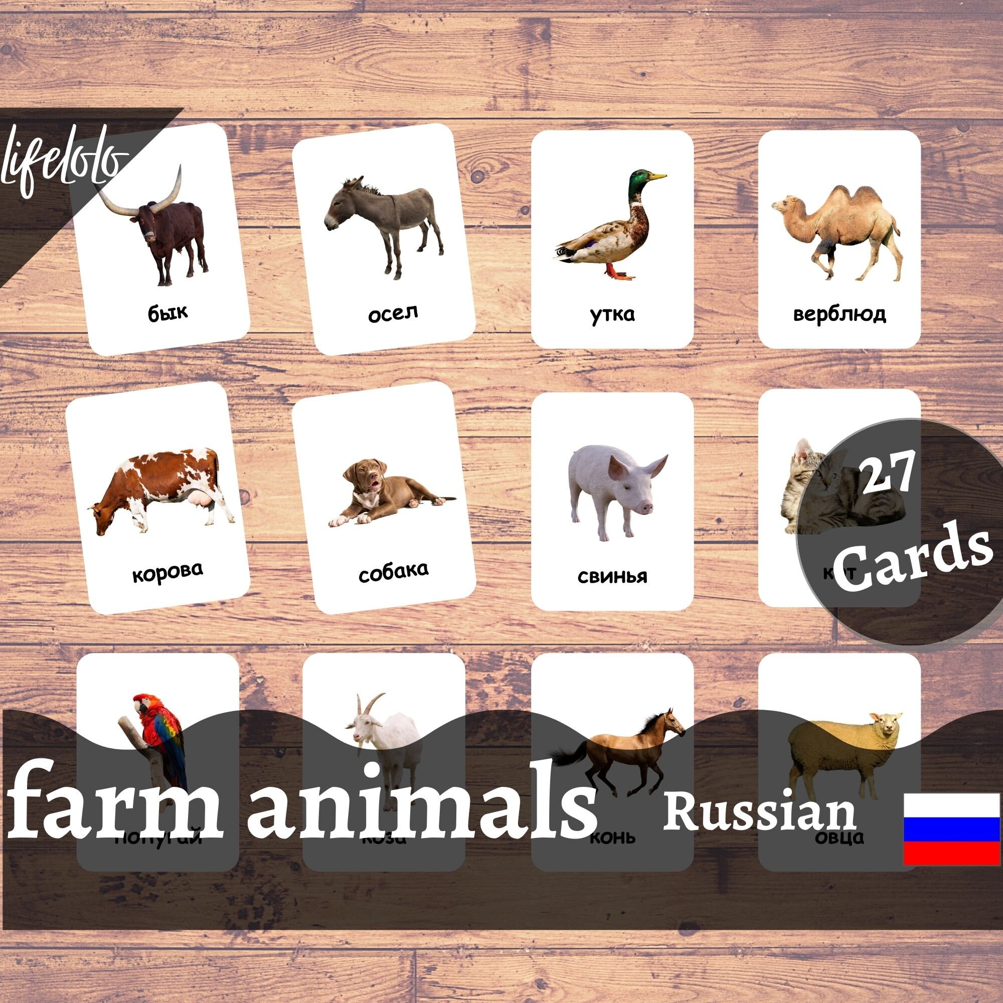 Farm Animals Russian Flash Cards, English Bilingual Cards, Montessori ...