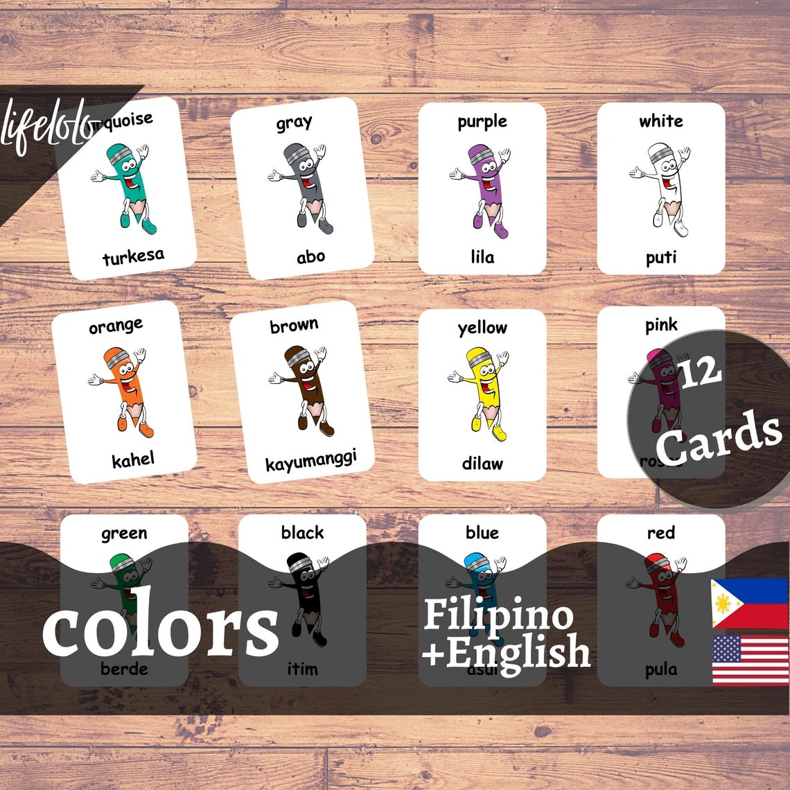 Colors FILIPINO Version - English Bilingual Cards | 12 Filipino Flash ...