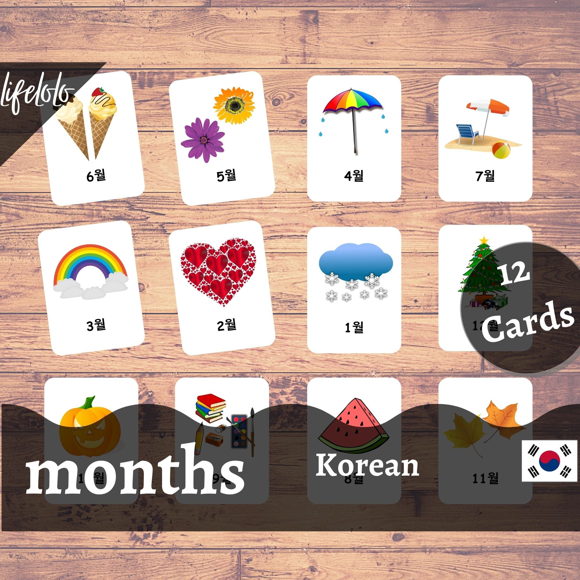 Months of the Year KOREAN Flash Cards 12 Bilingual Cards | Etsy