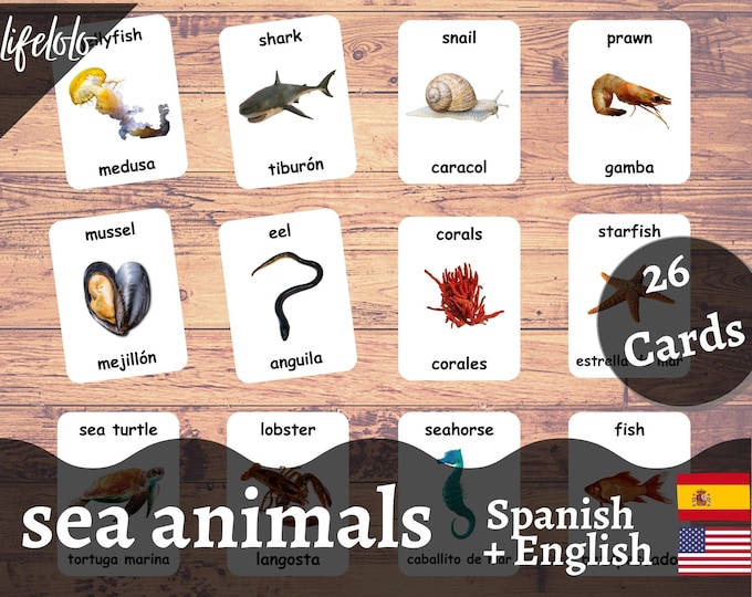Tarjetas de animales del mar imprimibles para niños inglés-español ...