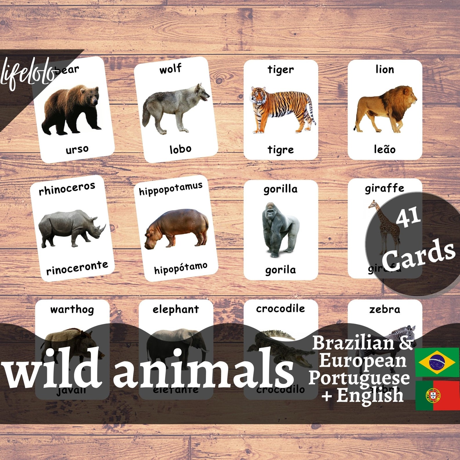 Wild Animals PORTUGUESE Version - English Bilingual Cards | 41 ...