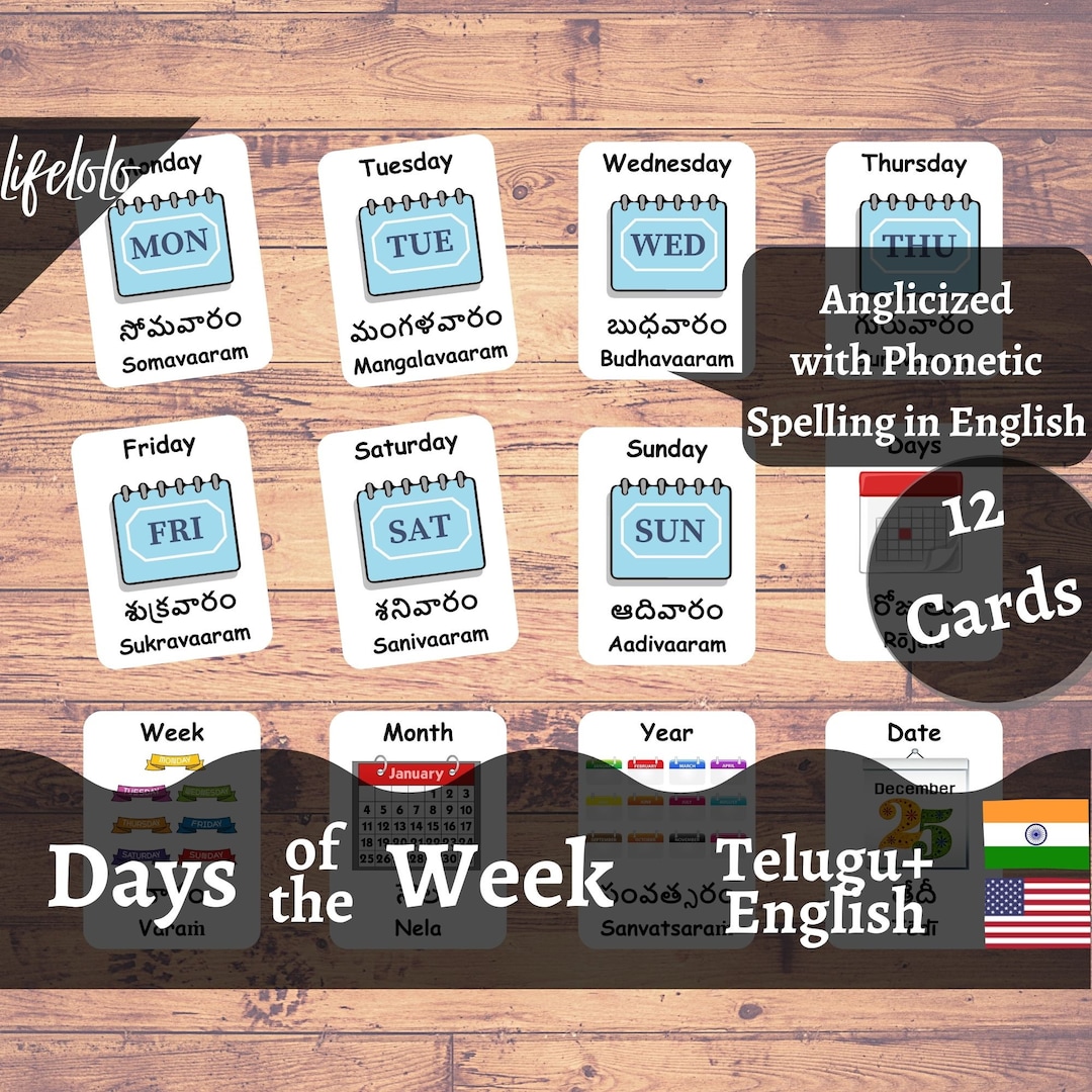 Days of the Week | TELUGU | English Bilingual Cards | 12 Telugu Flash ...