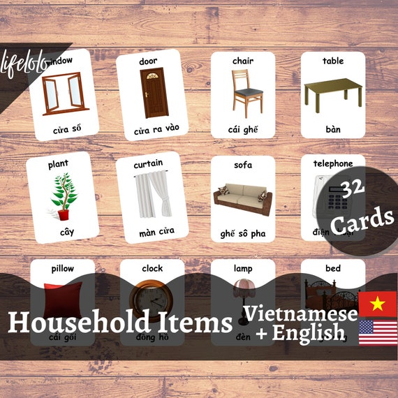 Household Items Vietnamese Flash Cards English Bilingual | Etsy
