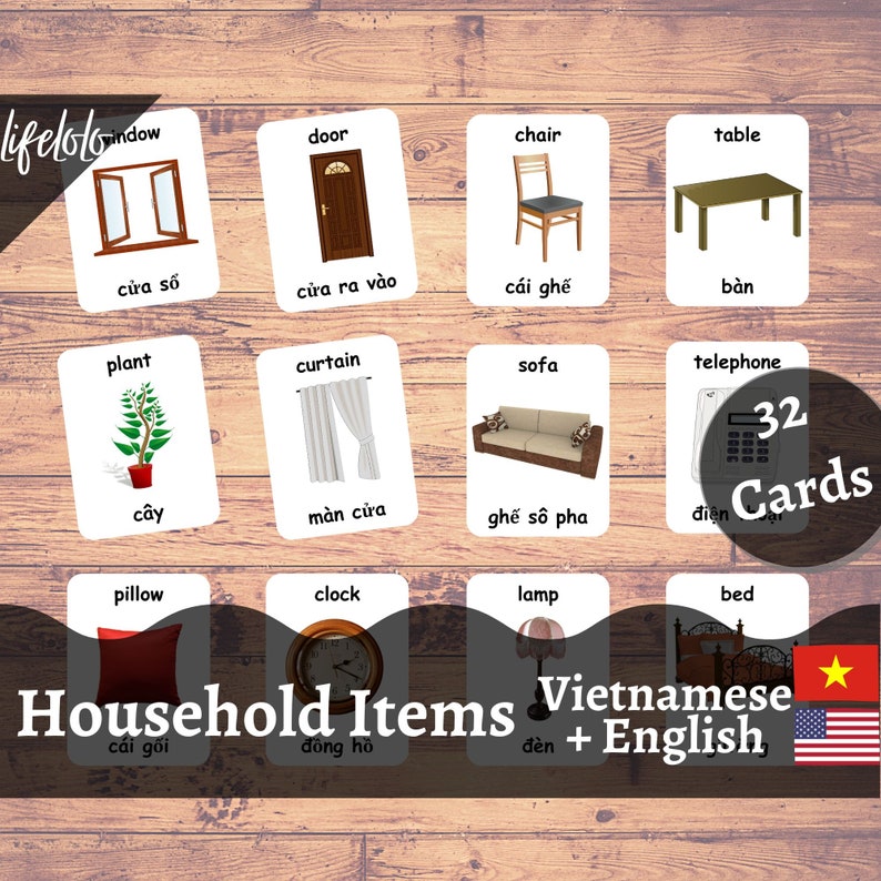 Household Items Vietnamese Flash Cards English Bilingual | Etsy