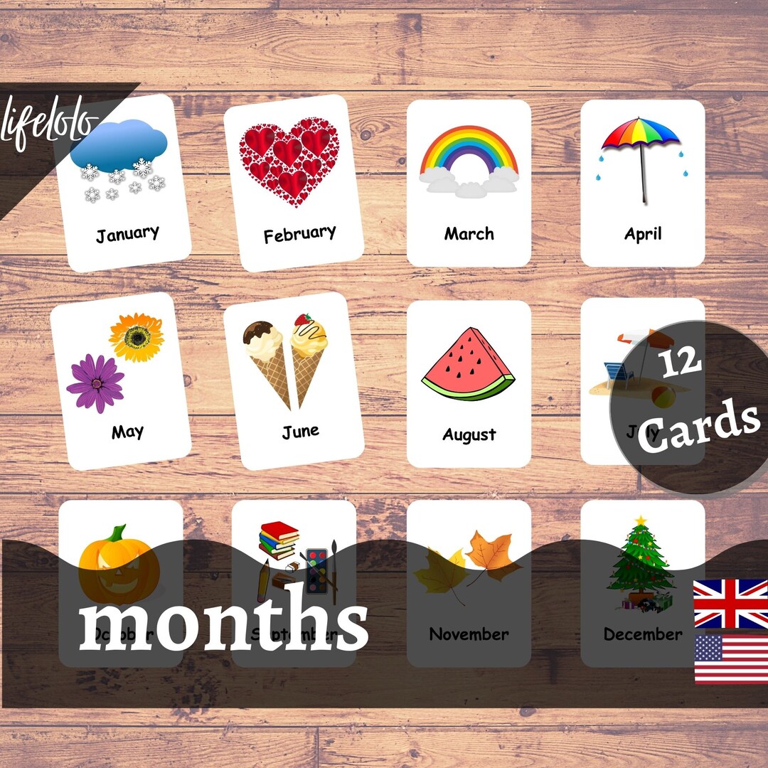 Months of the Year Flash Cards, 12 Flash Cards, Montessori Materials ...