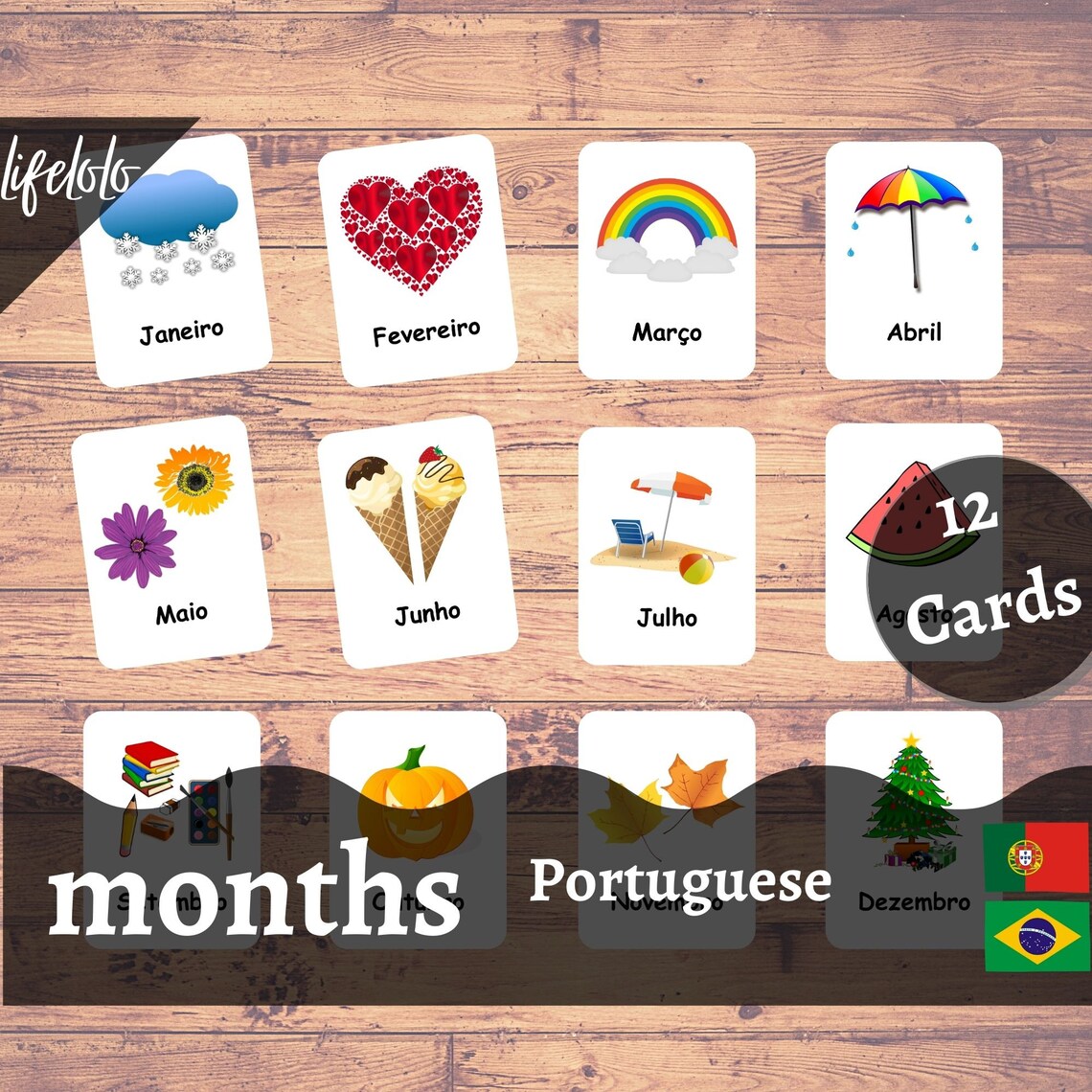 Months of the Year PORTUGUESE Flash Cards 12 Bilingual Cards - Etsy