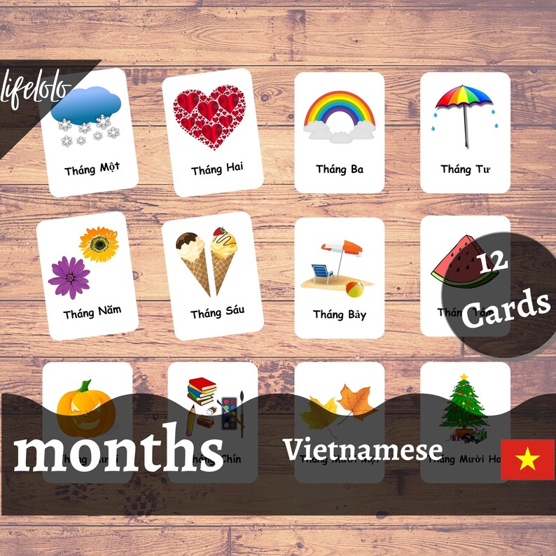 Months of the Year VIETNAMESE Flash Cards 12 Bilingual Cards - Etsy