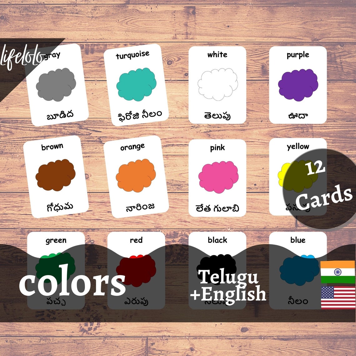 Colors TELUGU Version English Bilingual Cards 12 Telugu - Etsy