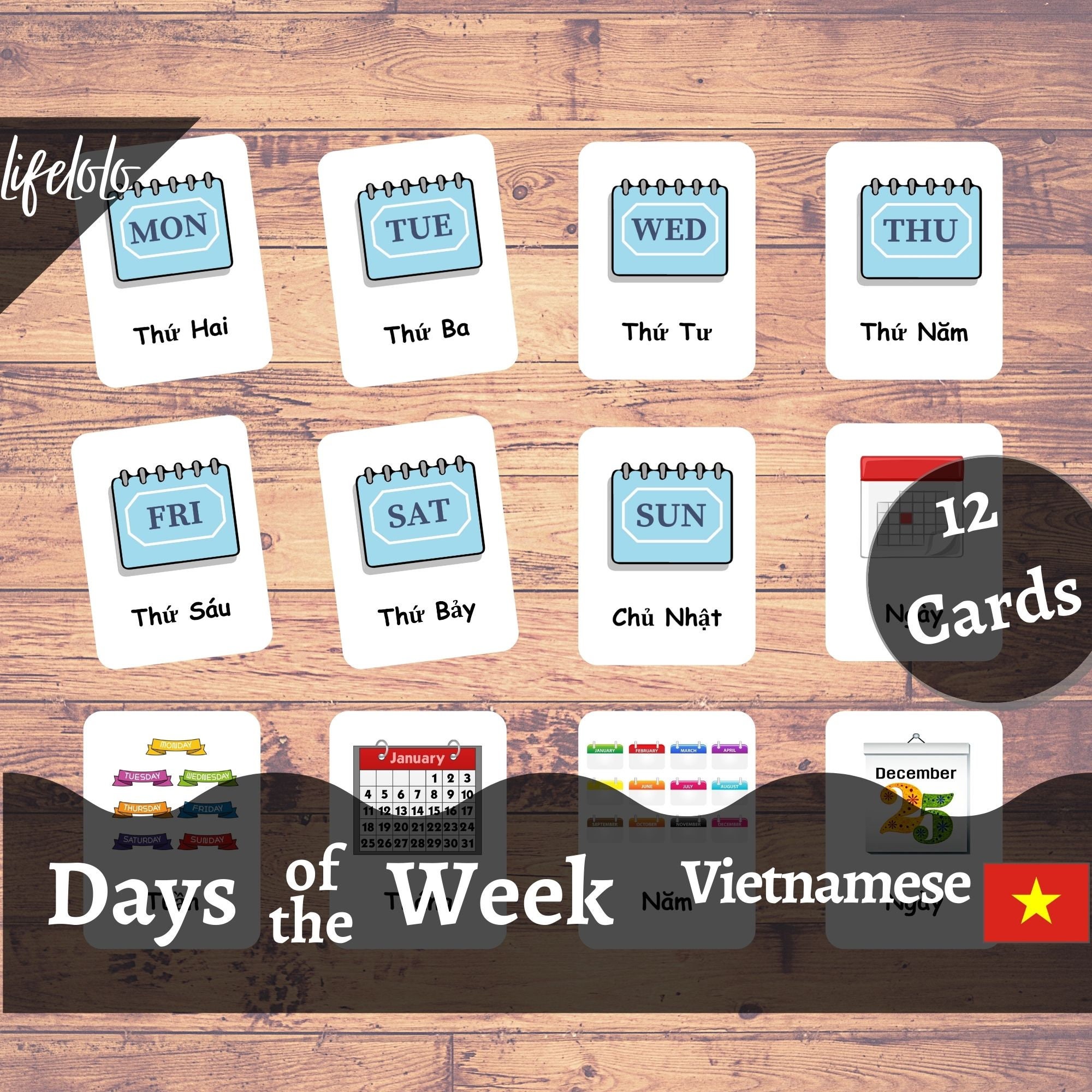 Days of the Week VIETNAMESE English Bilingual Cards 12 - Etsy