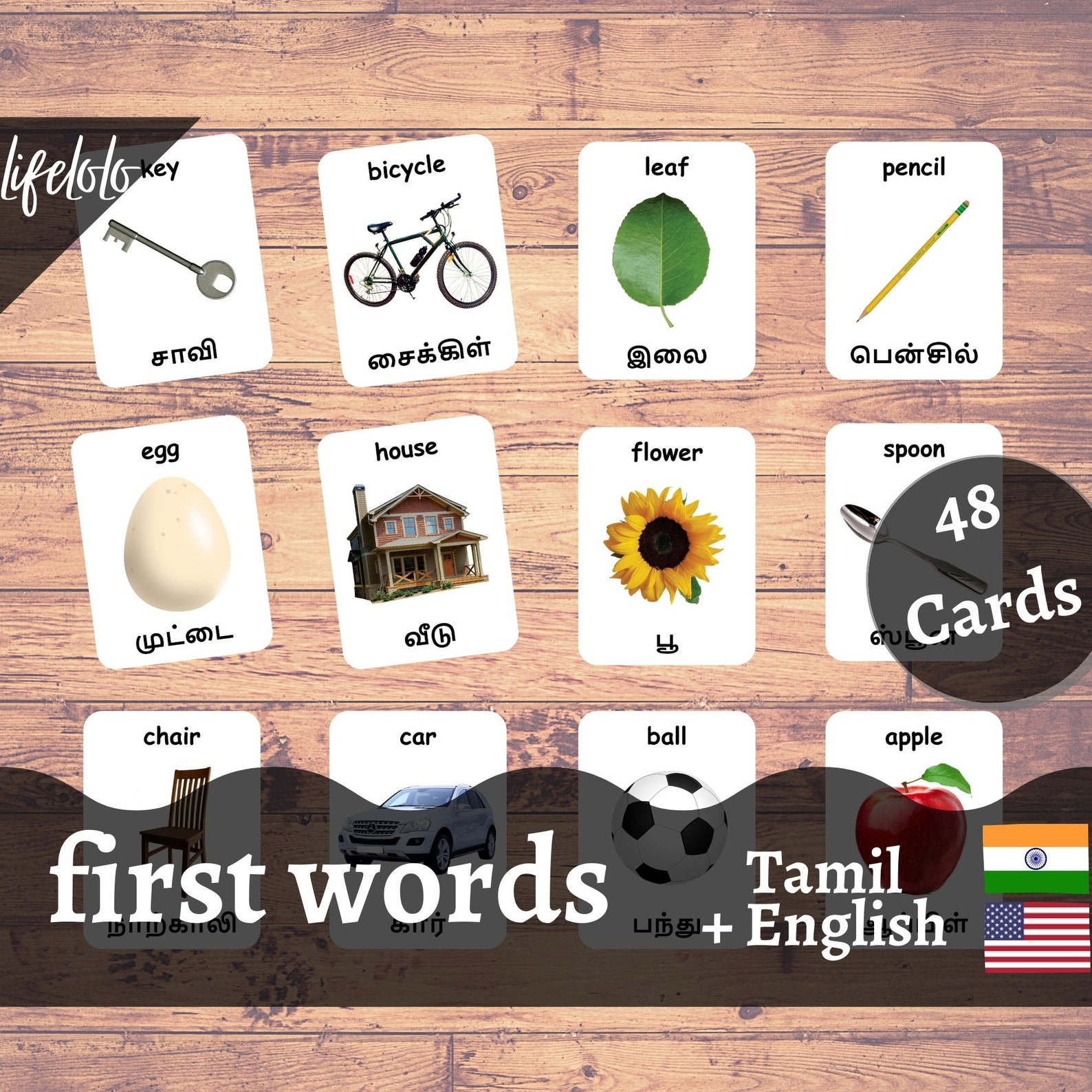 First Words TAMIL Version English Bilingual Cards 48 Tamil - Etsy