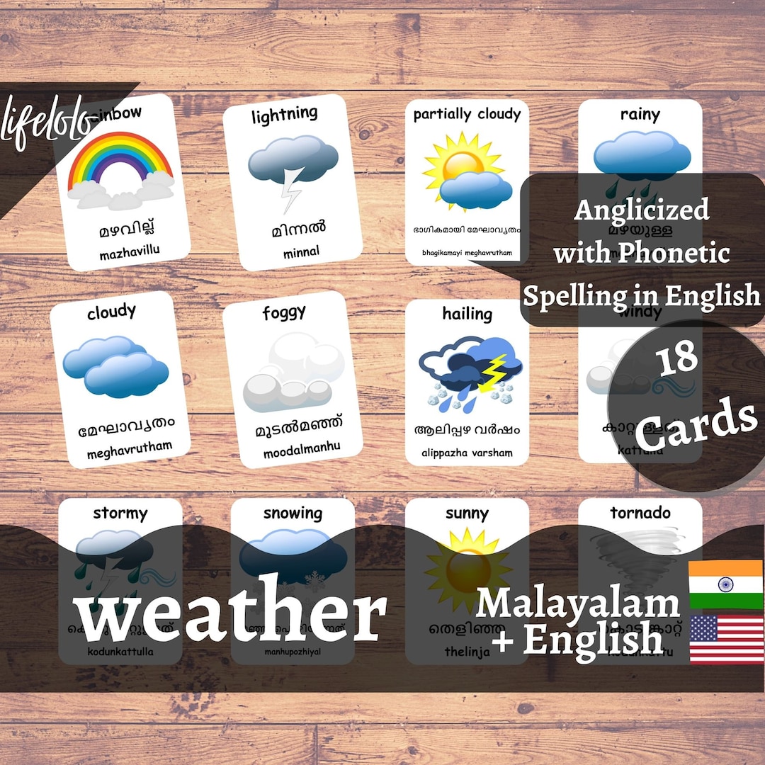 Weather Cards in MALAYALAM | Malayalam Flash Cards | English Bilingual ...