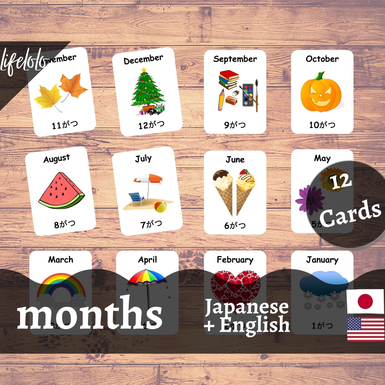 Months of the Year JAPANESE Flash Cards 12 Bilingual Cards - Etsy