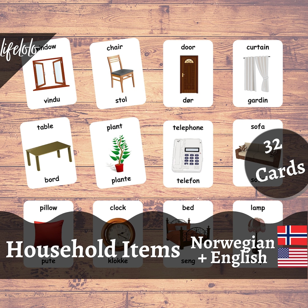 Household Items Norwegian Flash Cards, English Bilingual Cards ...