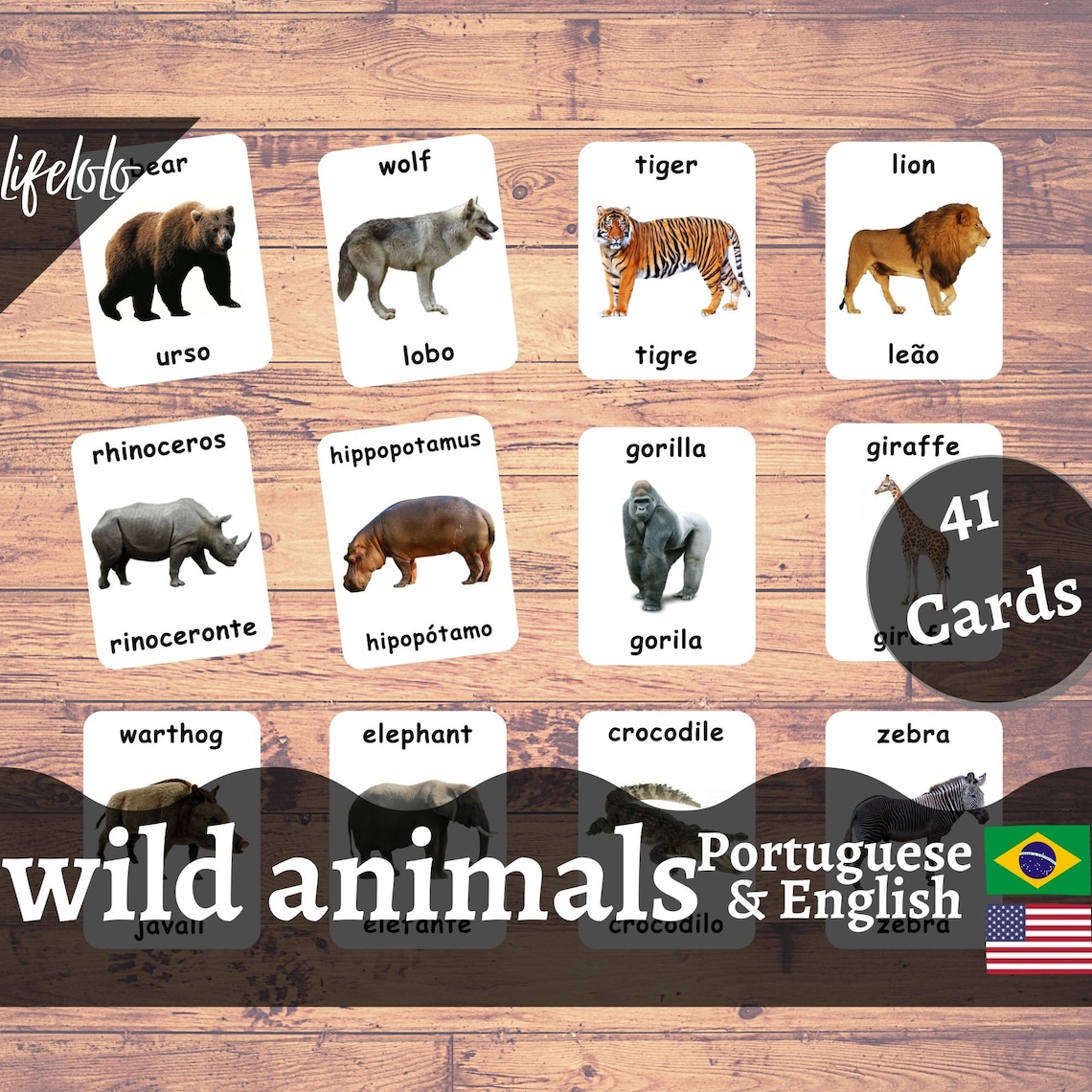Wild Animals PORTUGUESE Version English Bilingual Cards 41 - Etsy
