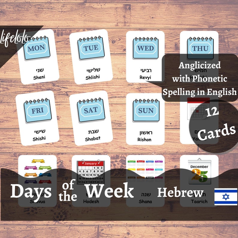 Days of the Week HEBREW English Bilingual Cards 12 | Etsy