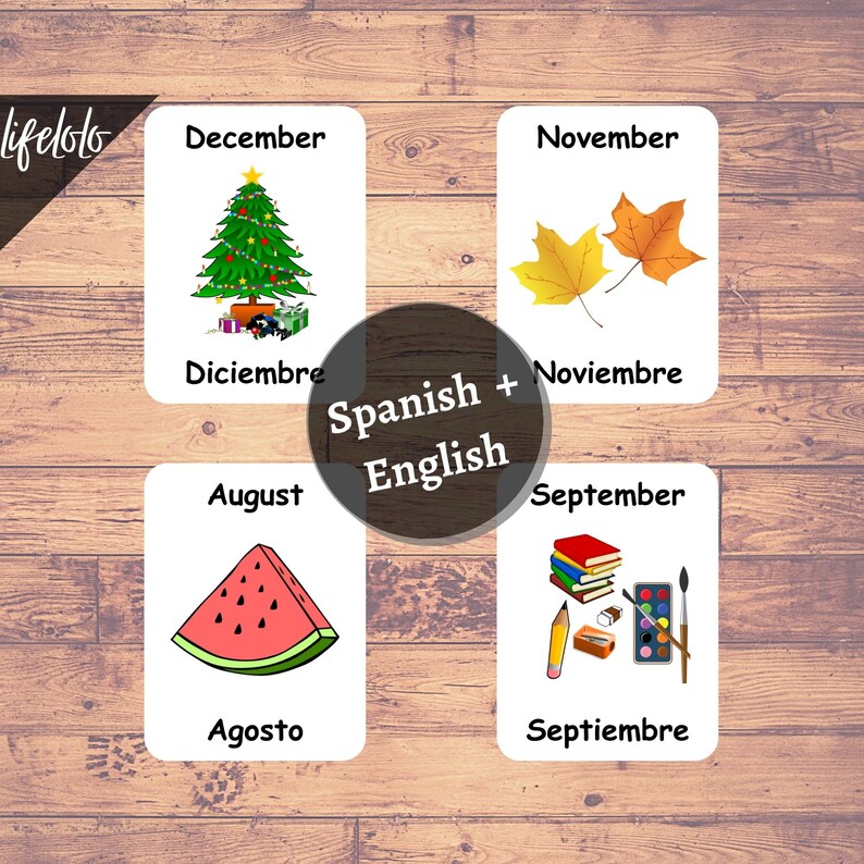 Months of the Year SPANISH Flash Cards 12 Bilingual Cards | Etsy