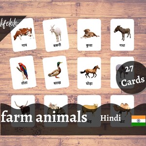 Farm Animals HINDI English Bilingual Cards 27 Hindi Flash Cards Three ...