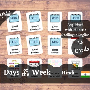 Days of the Week HINDI Flash Cards Printable, 12 Bilingual Cards With ...