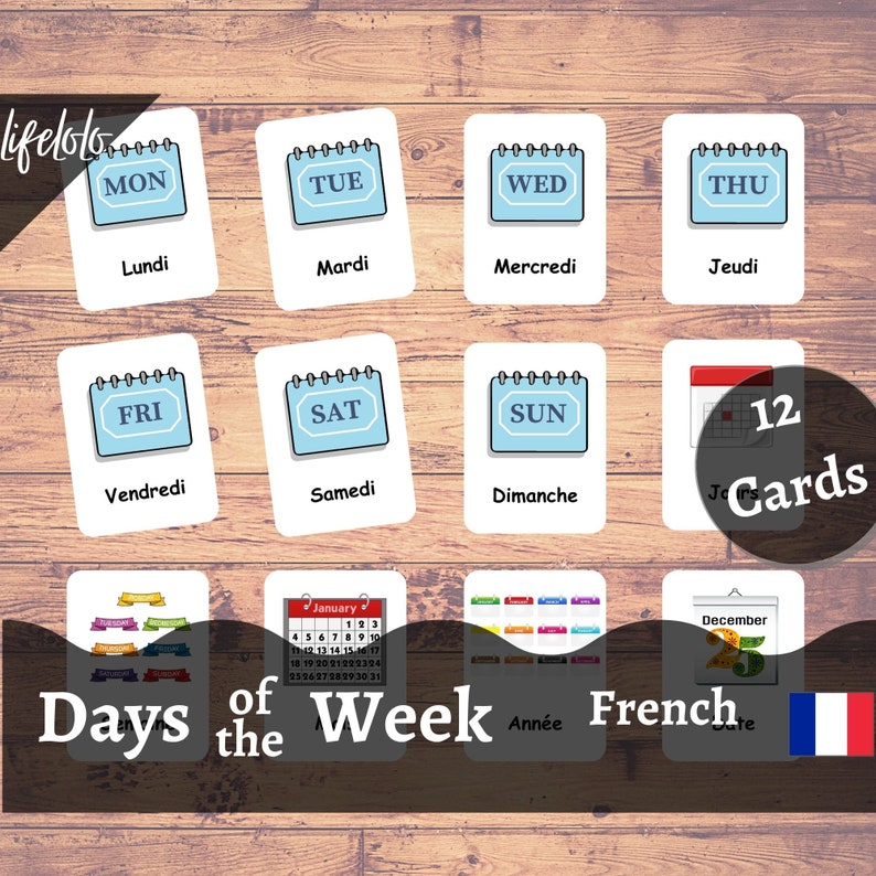 Days of the Week FRENCH English Bilingual Cards 12 - Etsy