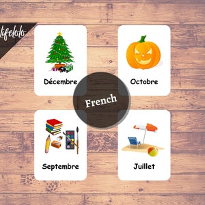 Months of the Year FRENCH Flash Cards, 12 Bilingual Cards, Montessori ...