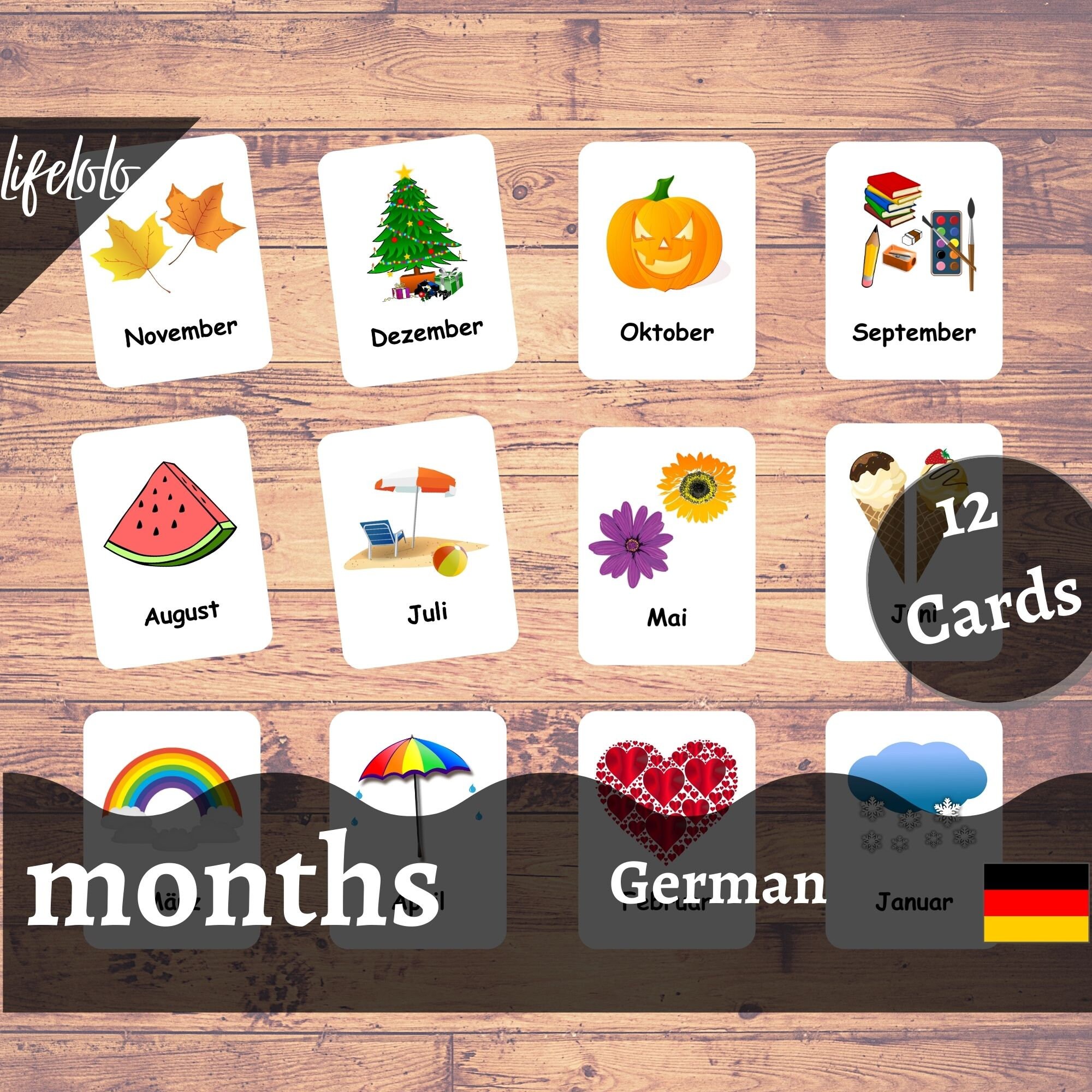 Months of the Year GERMAN Flash Cards, 12 Bilingual Cards, Montessori ...