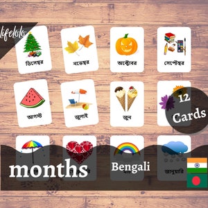 Months of the Year, Bengali Flash Cards, 12 Bilingual Cards, Montessori ...