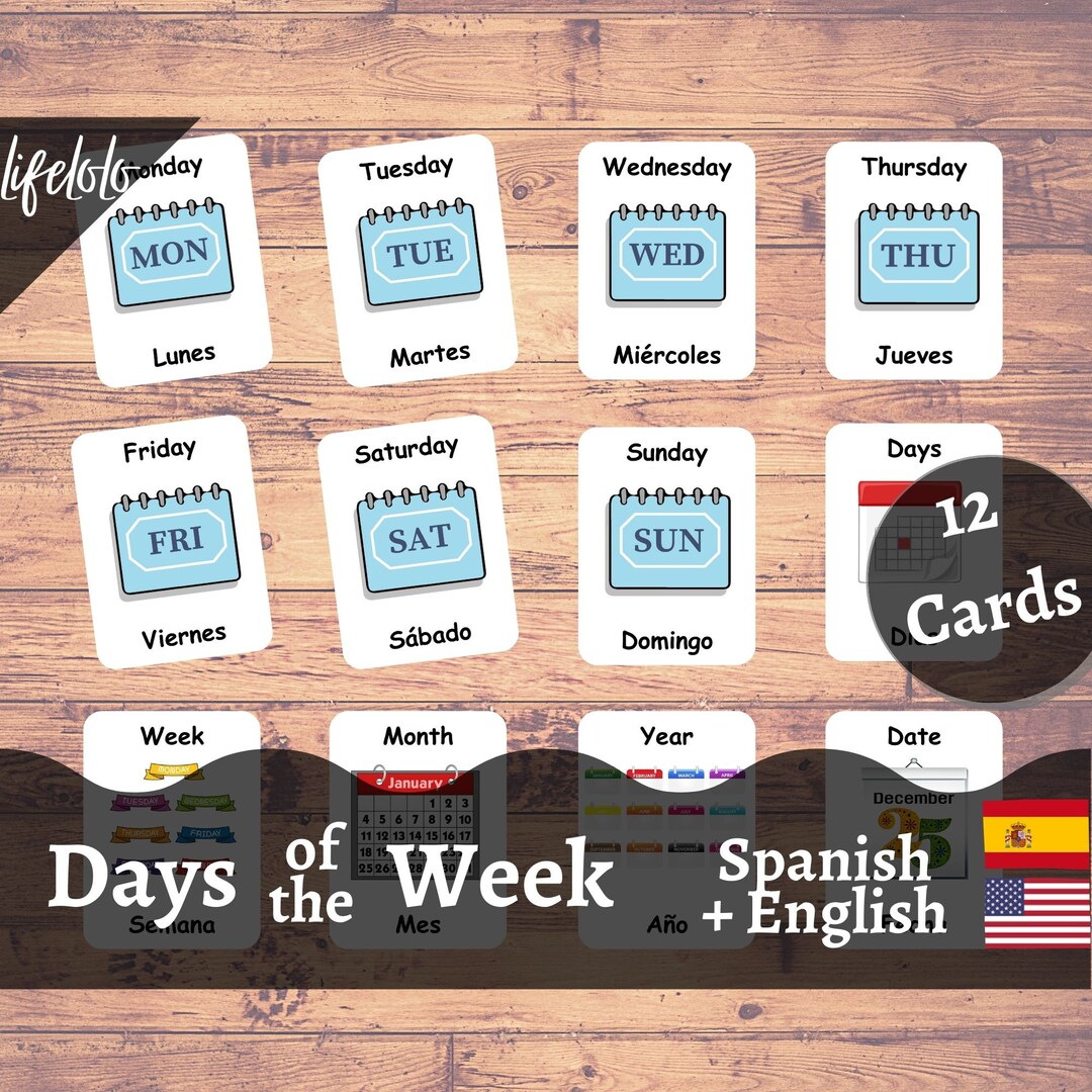 Days of the Week | SPANISH | English Bilingual Cards | 12 Spanish Flash ...