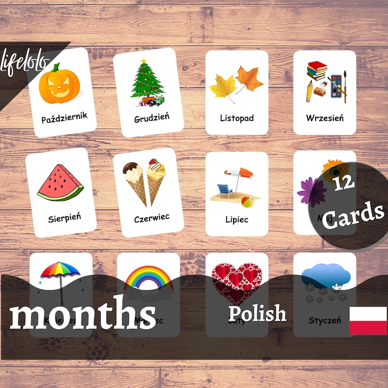 Months of the Year POLISH Flash Cards, 12 Bilingual Cards, Montessori ...