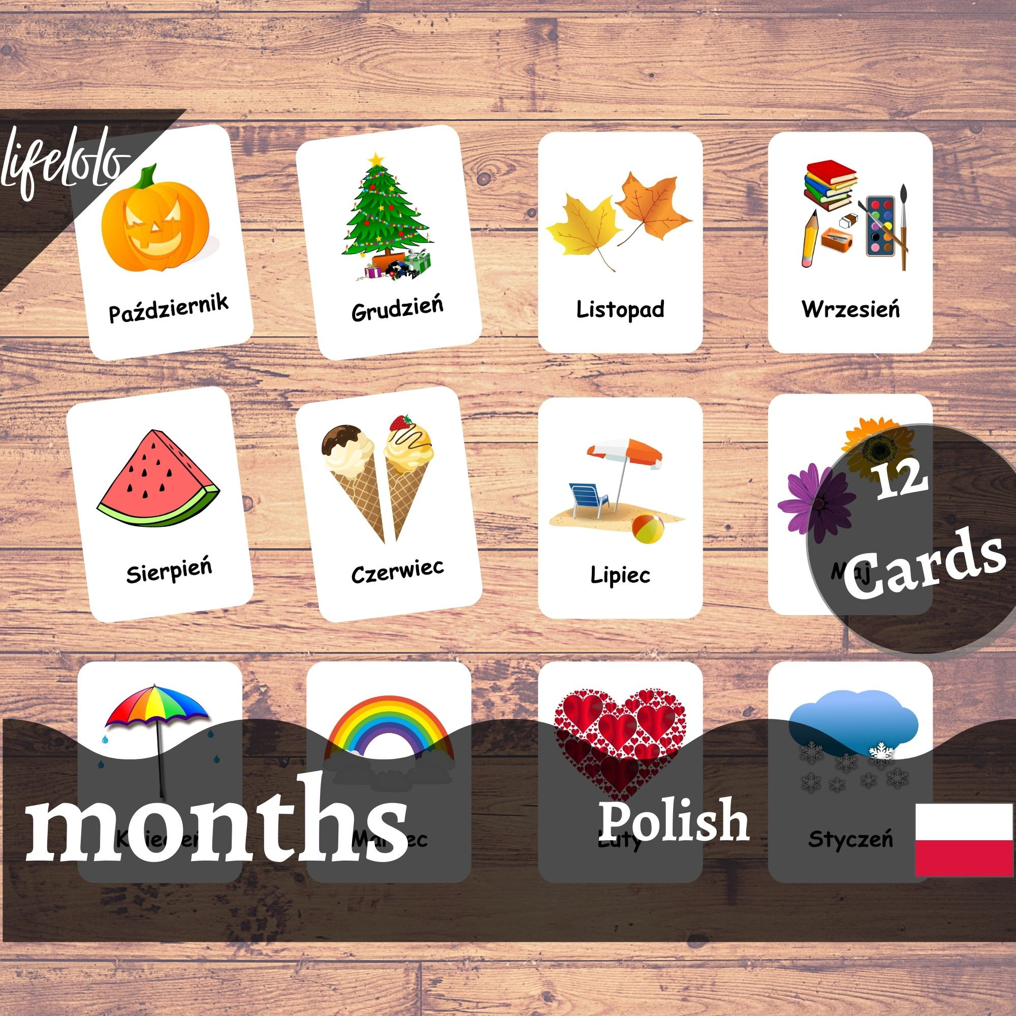 Months of the Year POLISH Flash Cards, 12 Bilingual Cards, Montessori ...