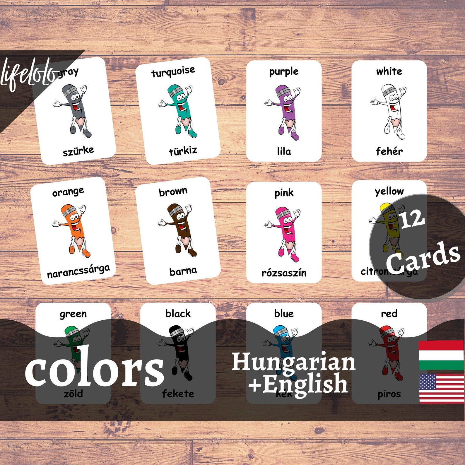 Colors HUNGARIAN Version - English Bilingual Cards | 12 Hungarian Flash ...